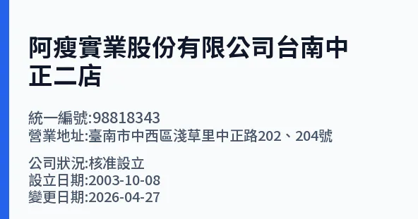 阿瘦實業股份有限公司台南中正二店的照片-統編 98818343(臺南市) 公司登記資料與營業項目詳細圖表