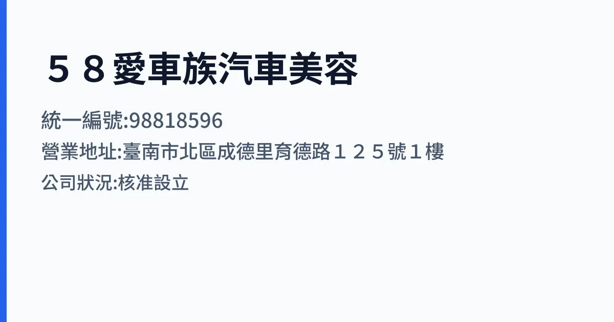 ５８愛車族汽車美容 - 統編 98818596(臺南市) 公司登記資料與營業項目詳細圖表