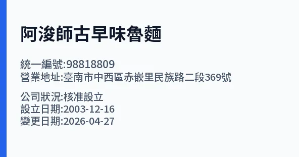阿浚師古早味魯麵的照片-統編 98818809(臺南市) 公司登記資料與營業項目詳細圖表