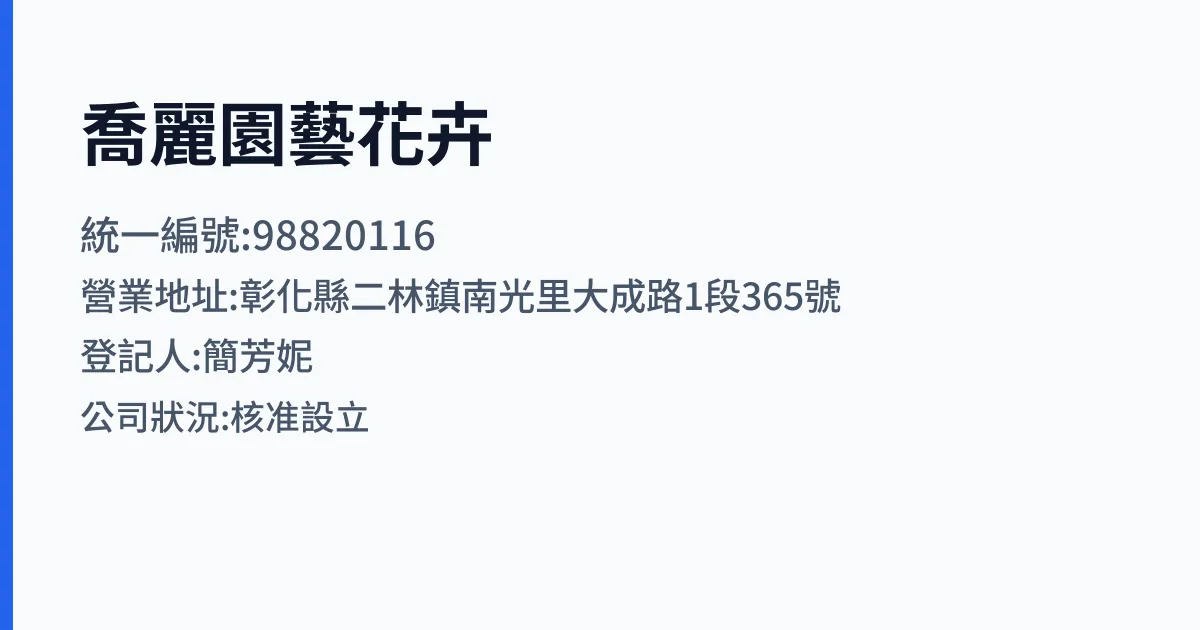 喬麗園藝花卉 - 統編 98820116(彰化縣) 公司登記資料與營業項目詳細圖表