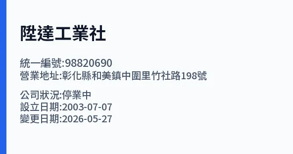 陞達工業社的照片-統編 98820690(彰化縣) 公司登記資料與營業項目詳細圖表