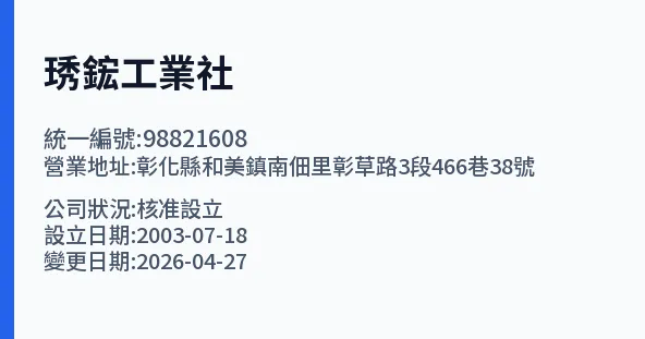 琇鋐工業社的照片-統編 98821608(彰化縣) 公司登記資料與營業項目詳細圖表