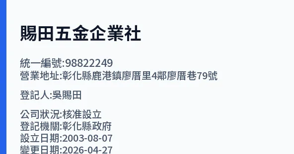 賜田五金企業社的照片-統編 98822249(彰化縣) 公司登記資料與營業項目詳細圖表