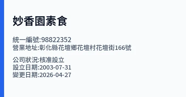 妙香園素食的照片-統編 98822352(彰化縣) 公司登記資料與營業項目詳細圖表