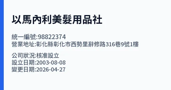 以馬內利美髮用品社的照片-統編 98822374(彰化縣) 公司登記資料與營業項目詳細圖表