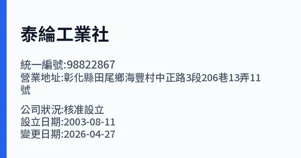 泰綸工業社的照片-統編 98822867(彰化縣) 公司登記資料與營業項目詳細圖表