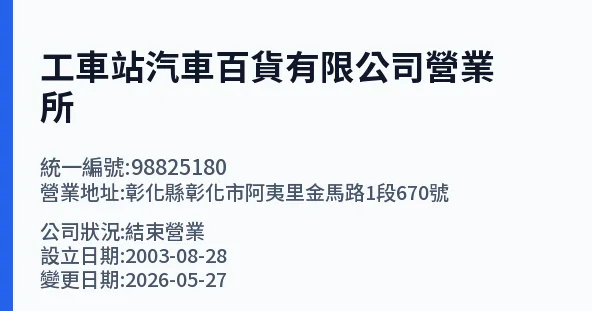 工車站汽車百貨有限公司營業所的照片-統編 98825180(彰化縣) 公司登記資料與營業項目詳細圖表