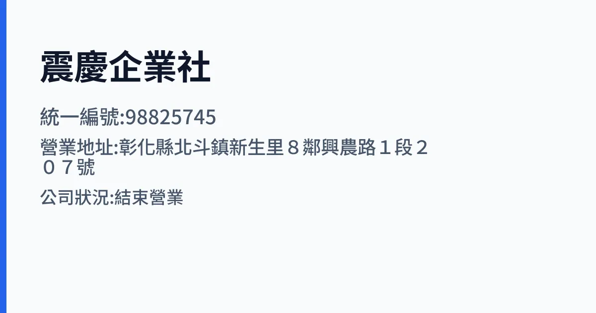 震慶企業社 - 統編 98825745(彰化縣) 公司登記資料與營業項目詳細圖表