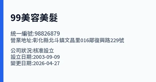 99美容美髮的照片-統編 98826879(彰化縣) 公司登記資料與營業項目詳細圖表