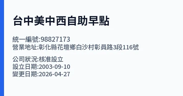 台中美中西自助早點的照片-統編 98827173(彰化縣) 公司登記資料與營業項目詳細圖表