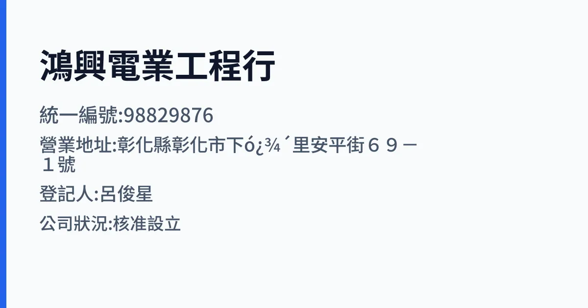 鴻興電業工程行 - 統編 98829876(彰化縣) 公司登記資料與營業項目詳細圖表