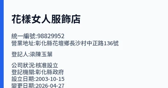 花樣女人服飾店的照片-統編 98829952(彰化縣) 公司登記資料與營業項目詳細圖表