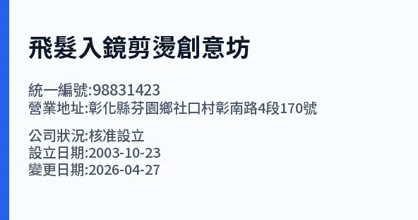 飛髮入鏡剪燙創意坊的照片-統編 98831423(彰化縣) 公司登記資料與營業項目詳細圖表