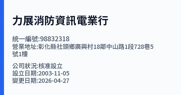 力展消防資訊電業行的照片-統編 98832318(彰化縣) 公司登記資料與營業項目詳細圖表