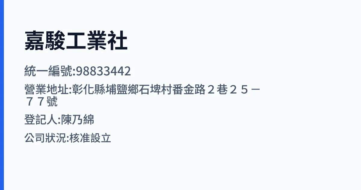 嘉駿工業社 - 統編 98833442(彰化縣) 公司登記資料與營業項目詳細圖表