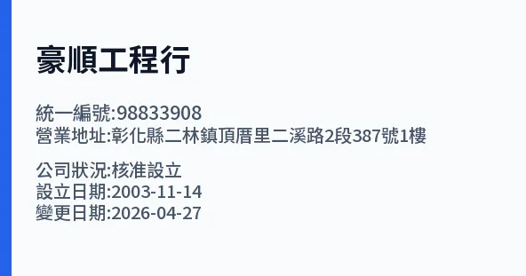 豪順工程行的照片-統編 98833908(彰化縣) 公司登記資料與營業項目詳細圖表
