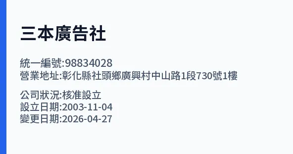 三本廣告社的照片-統編 98834028(彰化縣) 公司登記資料與營業項目詳細圖表