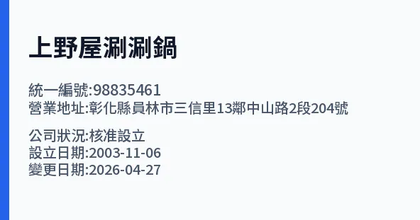 上野屋涮涮鍋的照片-統編 98835461(彰化縣) 公司登記資料與營業項目詳細圖表