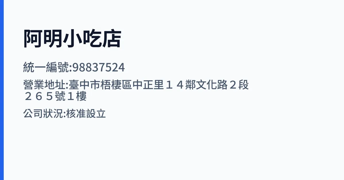 阿明小吃店 - 統編 98837524(臺中市) 公司登記資料與營業項目詳細圖表