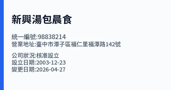新興湯包晨食的照片-統編 98838214(臺中市) 公司登記資料與營業項目詳細圖表