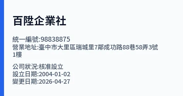 百陞企業社的照片-統編 98838875(臺中市) 公司登記資料與營業項目詳細圖表