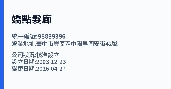 嬌點髮廊的照片-統編 98839396(臺中市) 公司登記資料與營業項目詳細圖表