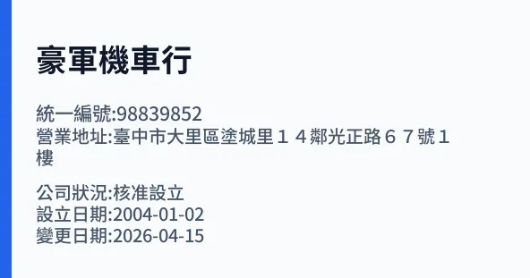 豪軍機車行的照片-統編 98839852(臺中市) 公司登記資料與營業項目詳細圖表