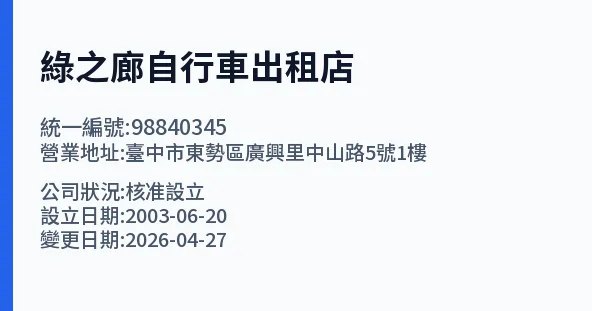 綠之廊自行車出租店的照片-統編 98840345(臺中市) 公司登記資料與營業項目詳細圖表