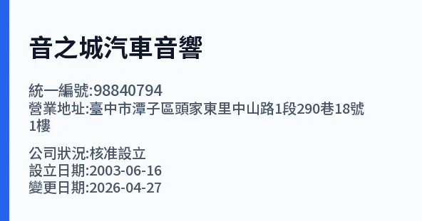音之城汽車音響的照片-統編 98840794(臺中市) 公司登記資料與營業項目詳細圖表