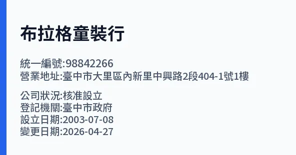 布拉格童裝行的照片-統編 98842266(臺中市) 公司登記資料與營業項目詳細圖表