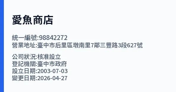 愛魚商店的照片-統編 98842272(臺中市) 公司登記資料與營業項目詳細圖表