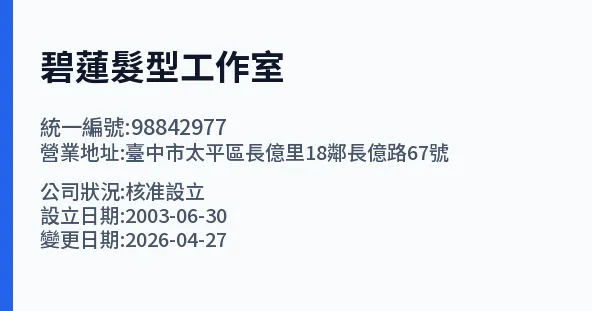碧蓮髮型工作室的照片-統編 98842977(臺中市) 公司登記資料與營業項目詳細圖表