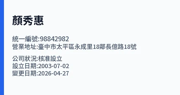 顏秀惠的照片-統編 98842982(臺中市) 公司登記資料與營業項目詳細圖表