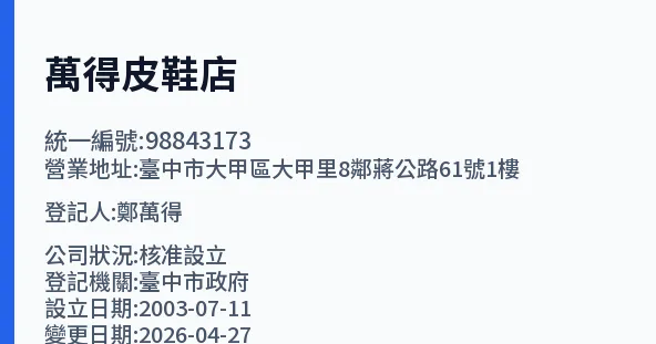 萬得皮鞋店的照片-統編 98843173(臺中市) 公司登記資料與營業項目詳細圖表