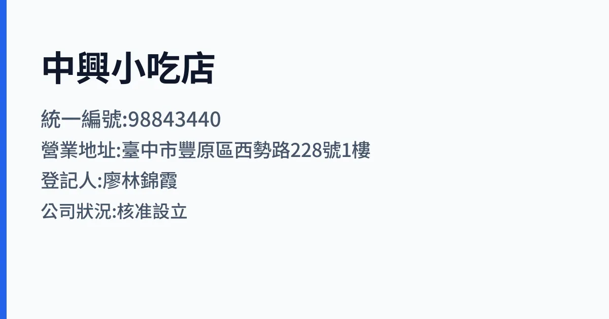 中興小吃店 - 統編 98843440(臺中市) 公司登記資料與營業項目詳細圖表