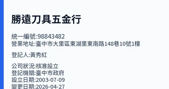 勝遠刀具五金行的照片-統編 98843482(臺中市) 公司登記資料與營業項目詳細圖表