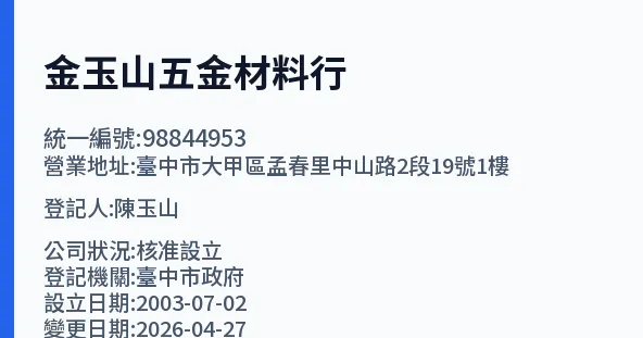 金玉山五金材料行的照片-統編 98844953(臺中市) 公司登記資料與營業項目詳細圖表