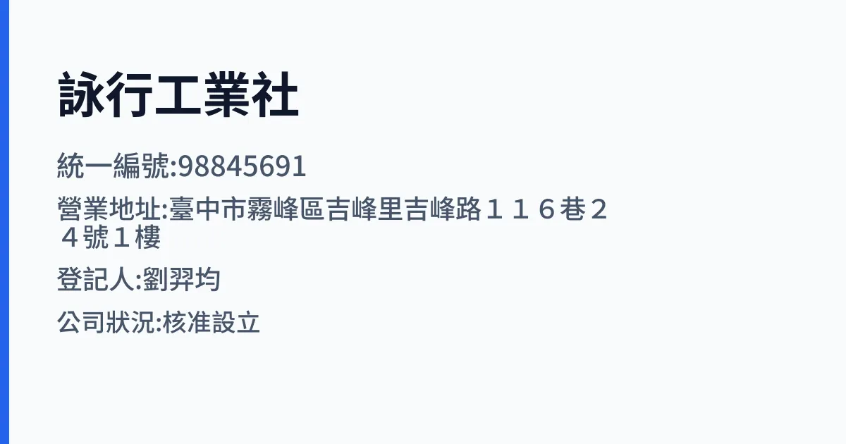 詠行工業社 - 統編 98845691(臺中市) 公司登記資料與營業項目詳細圖表