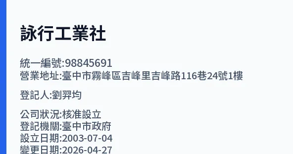 詠行工業社的照片-統編 98845691(臺中市) 公司登記資料與營業項目詳細圖表