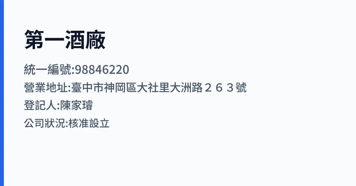 第一酒廠 - 統編 98846220(臺中市) 公司登記資料與營業項目詳細圖表
