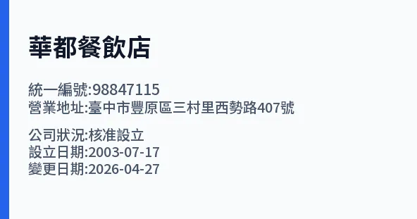 華都餐飲店的照片-統編 98847115(臺中市) 公司登記資料與營業項目詳細圖表