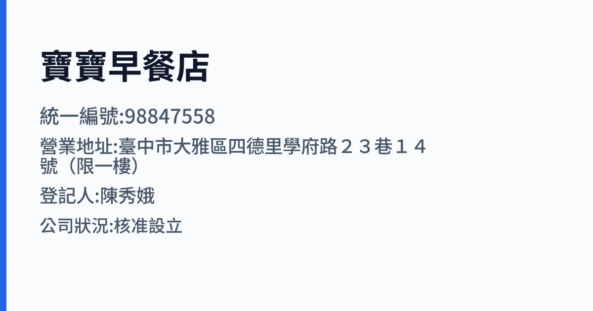 寶寶早餐店 - 統編 98847558(臺中市) 公司登記資料與營業項目詳細圖表