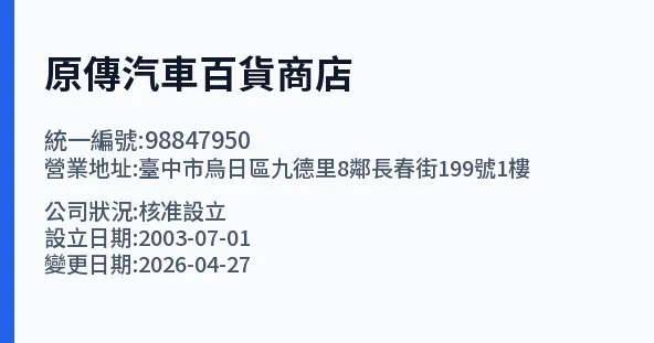 原傳汽車百貨商店的照片-統編 98847950(臺中市) 公司登記資料與營業項目詳細圖表
