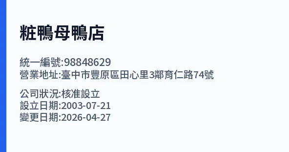 粧鴨母鴨店的照片-統編 98848629(臺中市) 公司登記資料與營業項目詳細圖表
