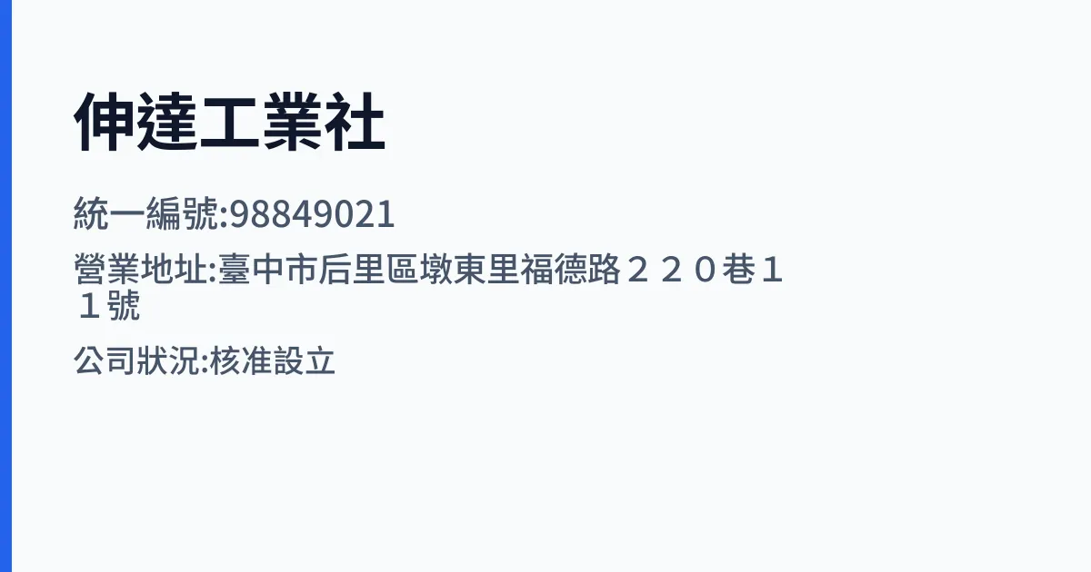 伸達工業社 - 統編 98849021(臺中市) 公司登記資料與營業項目詳細圖表