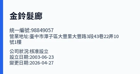 金鈴髮廊的照片-統編 98849057(臺中市) 公司登記資料與營業項目詳細圖表