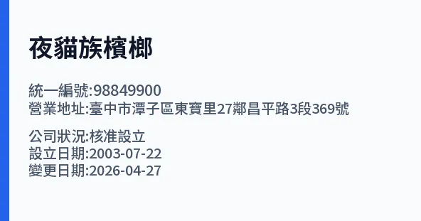 夜貓族檳榔的照片-統編 98849900(臺中市) 公司登記資料與營業項目詳細圖表