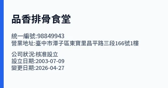 品香排骨食堂的照片-統編 98849943(臺中市) 公司登記資料與營業項目詳細圖表