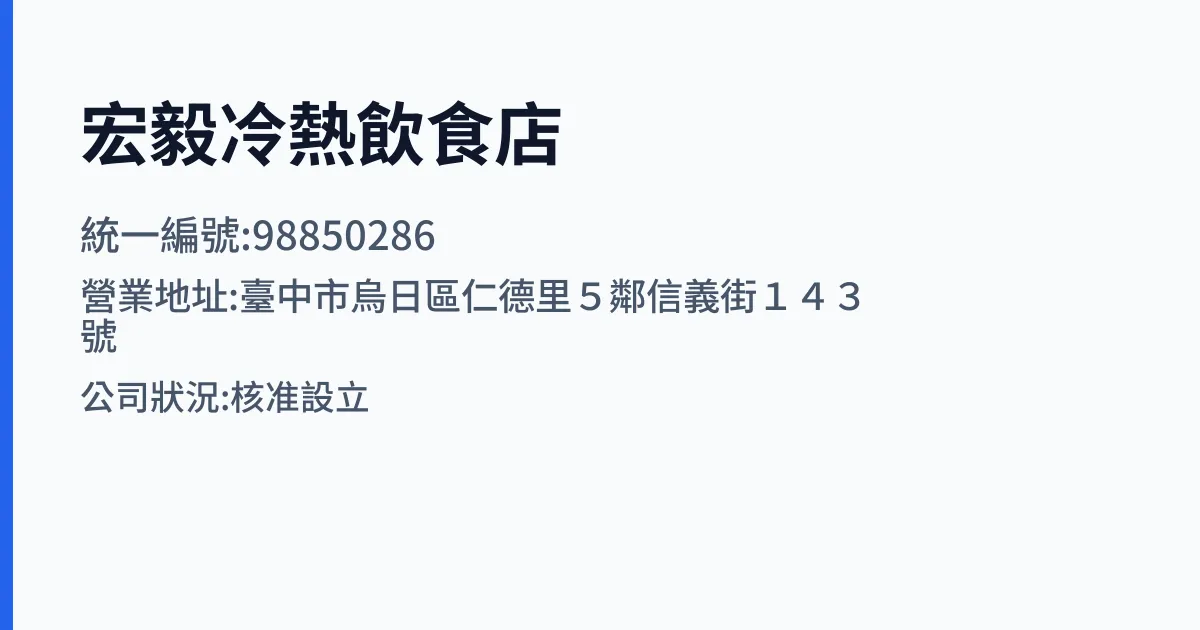 宏毅冷熱飲食店 - 統編 98850286(臺中市) 公司登記資料與營業項目詳細圖表