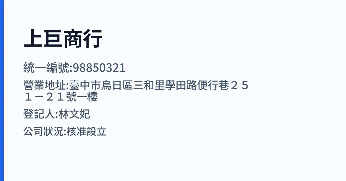 上巨商行 - 統編 98850321(臺中市) 公司登記資料與營業項目詳細圖表